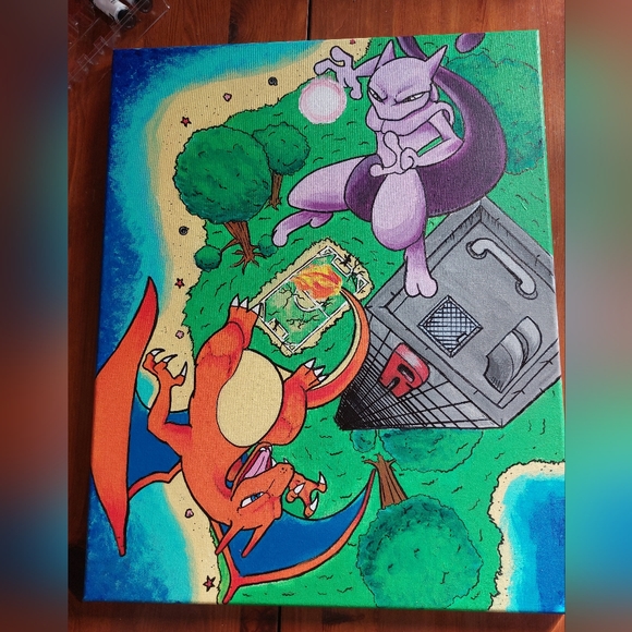 Art | Pokemon Acrylic Painting Charizard Vs Mewtwo 16x2 | Poshmark